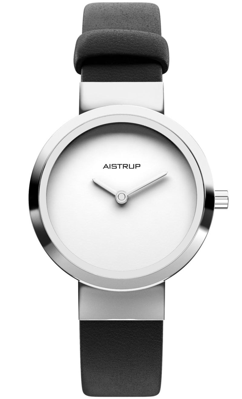 Minimalist Danish design watch with a pure white dial and black leather ...